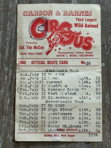 Vintage 1960 CARSON & BARNES CIRCUS Official Route Card | eBay