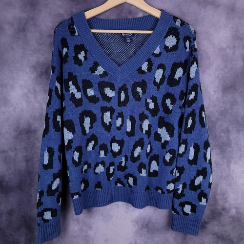 Scoop blue leopard print v neck sweater | eBay