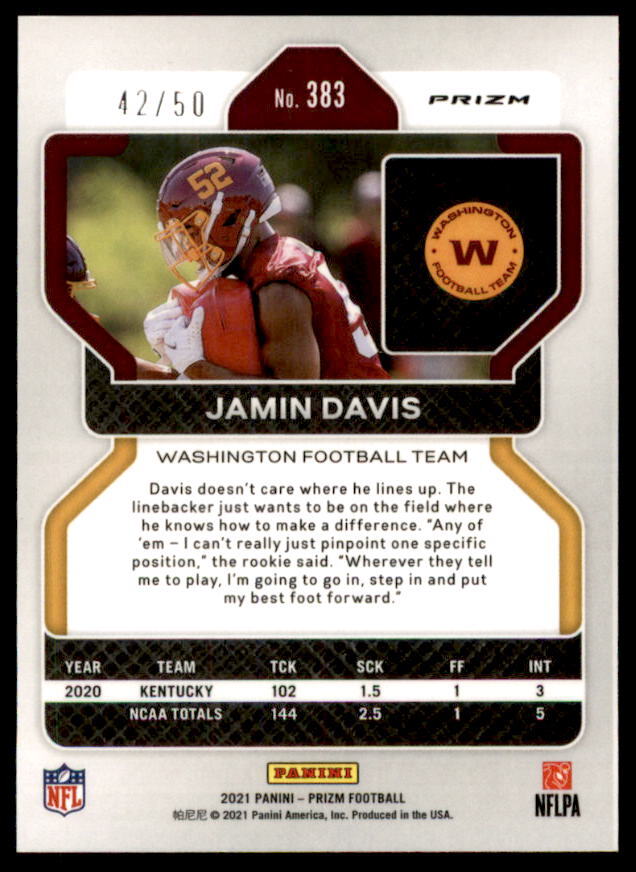 Jamin Davis Rookie Card 2021 Panini Prizm Prizms No Huddle Red #383 | eBay