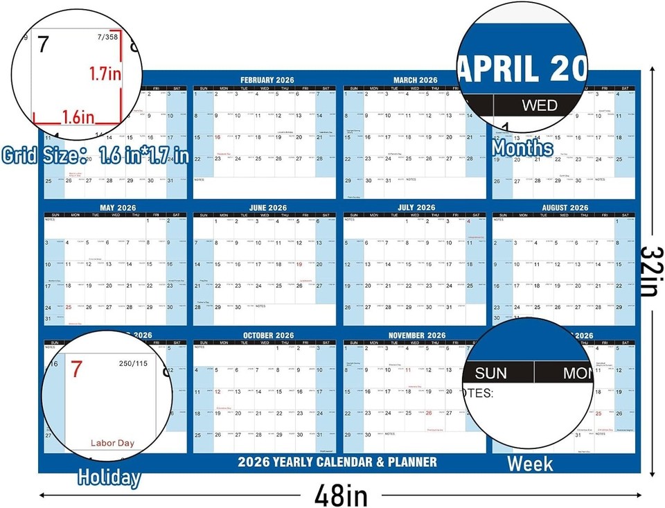 "32"" x 48"" 2026 Wall Calendar Large Dry Erase Calendar for Wall ...