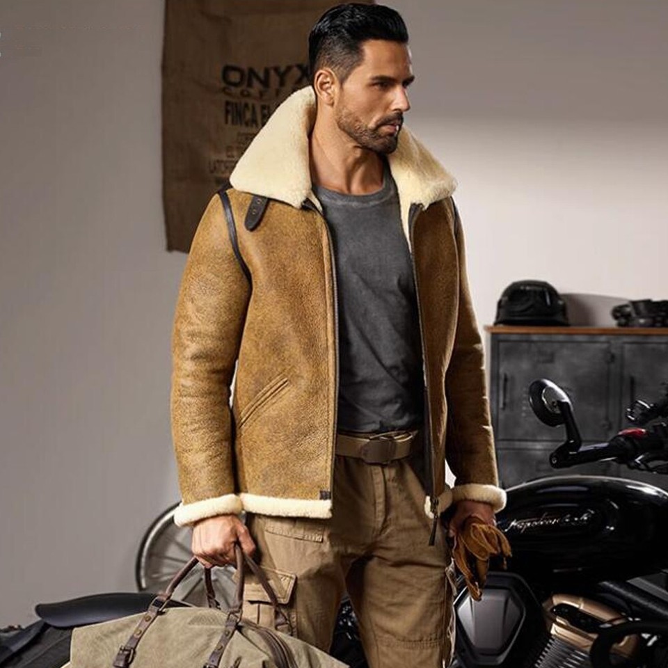 Denny&Dora Men's Shearling Jacket B6 Bomber Jacket Air Force Flight ...