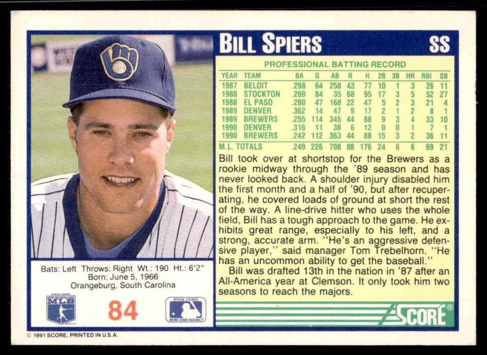 1991 Score Bill Spiers Milwaukee Brewers #84 | eBay