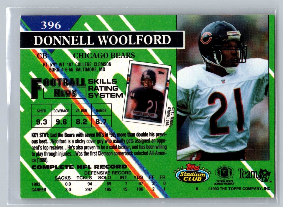 1993 TOPPS STADIUM CLUB CARD # 396 Donnell Woolford - Chicago Bears | eBay