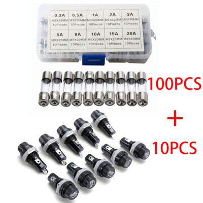 100pcs 5x20mm Glass Tube Fuse Kit & 10PCS Fuse Holder Panel Mounted ...