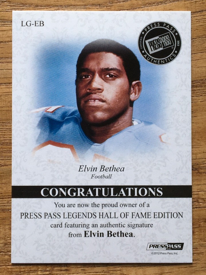 2012 PRESS PASS LEGENDS HALL OF FAME EDITION ELVIN BETHEA SIGNATURE ...