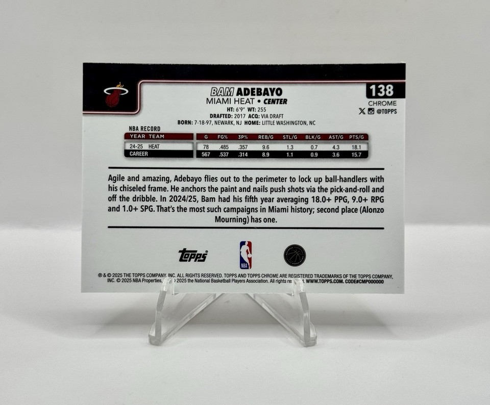 2025-26 Topps Chrome BAM ADEBAYO Silver Wave Refractor #138 Miami Heat ...