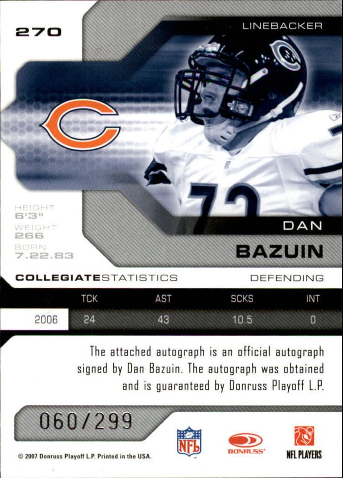 2007 Leaf Limited Football Card #270 Dan Bazuin Rookie/299 | eBay