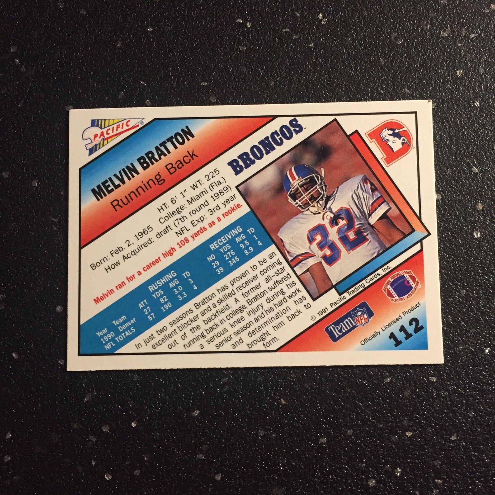 Melvin Bratton 1991 Pacific Football #112 NFL Denver Broncos Running ...