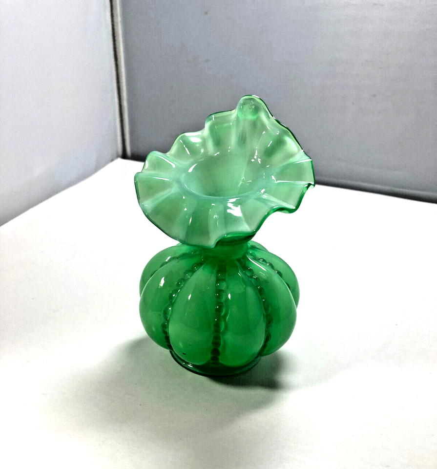 Vintage Fenton Green 1940 Overlay Beaded Melon Sm Vase! RARE!! | eBay