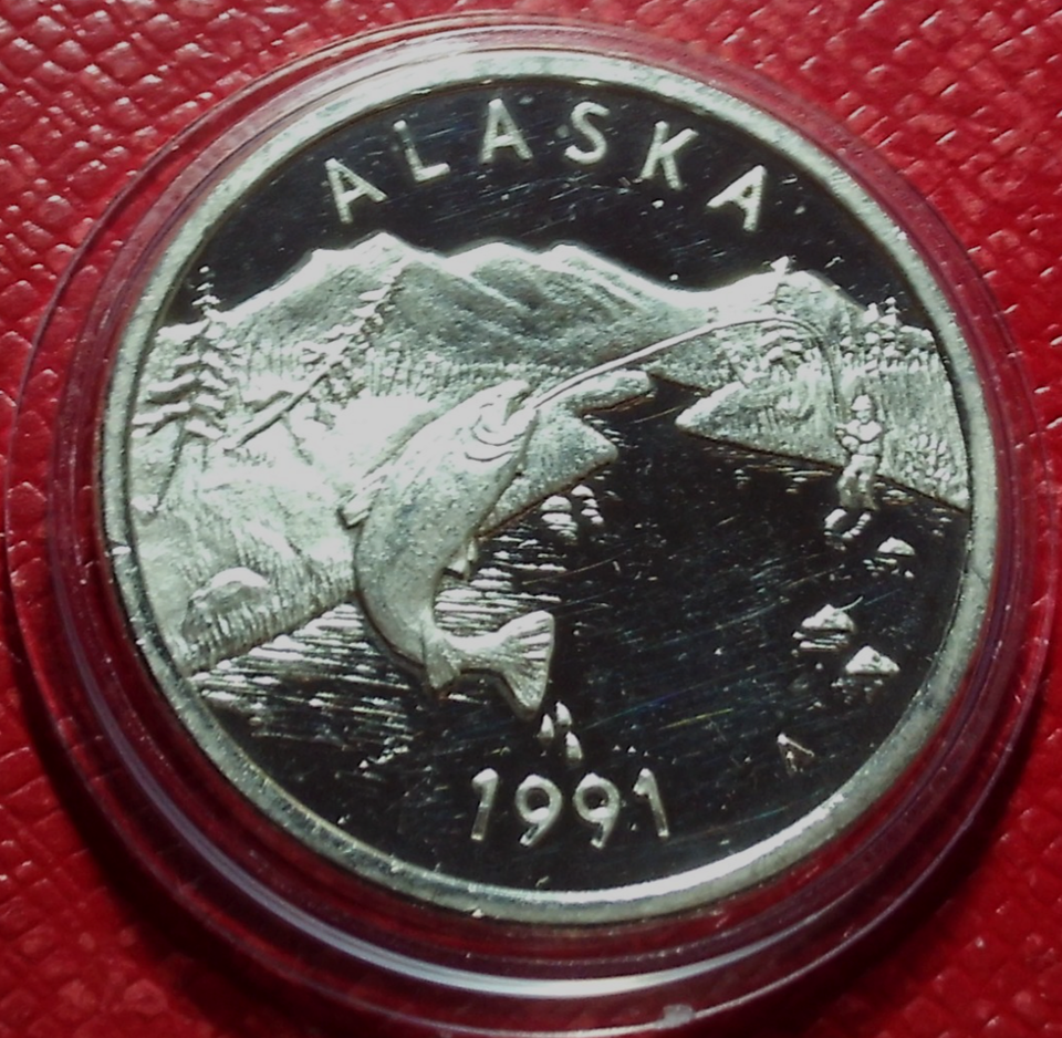 1991 Alaska Sport Fishing Coin-The Anchorage Mint 1 Troy oz..999 Proof ...