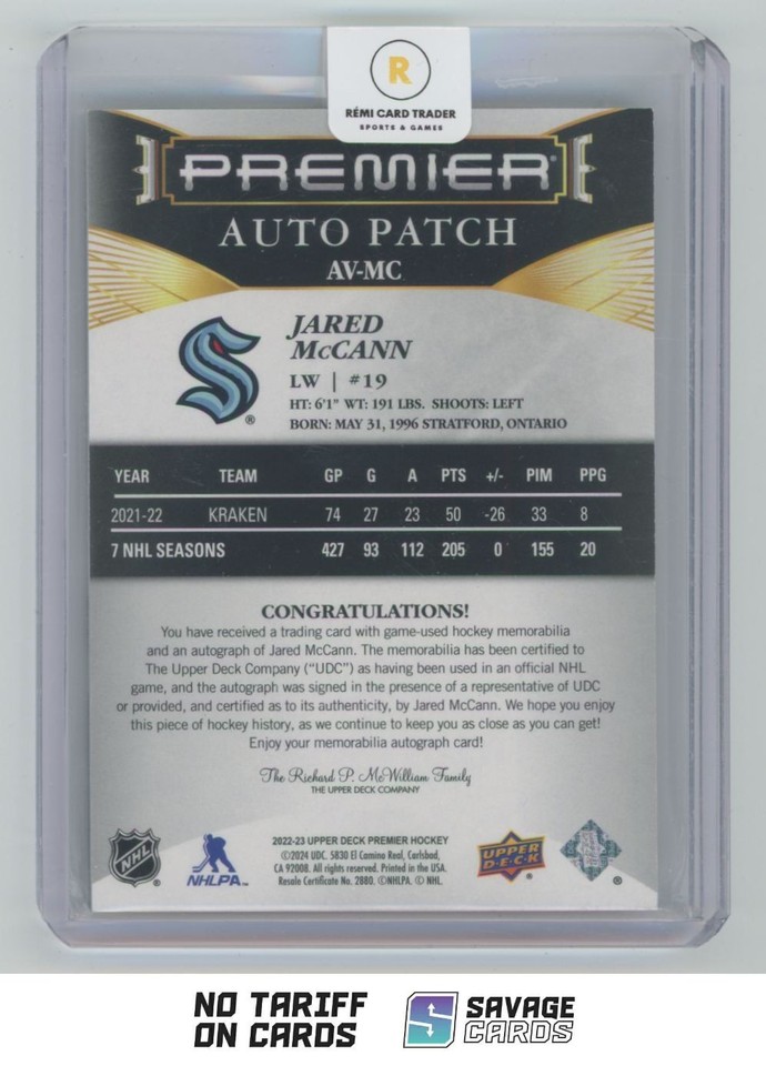 2022-23 Upper Deck Premier Acetate Auto Patch Jared McCann /49 #AV-MC ...