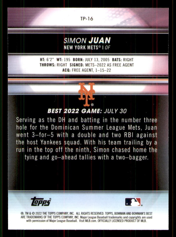 Simon Juan 2022 Bowman's Best #TP-16 Top Prospects New York Mets | eBay