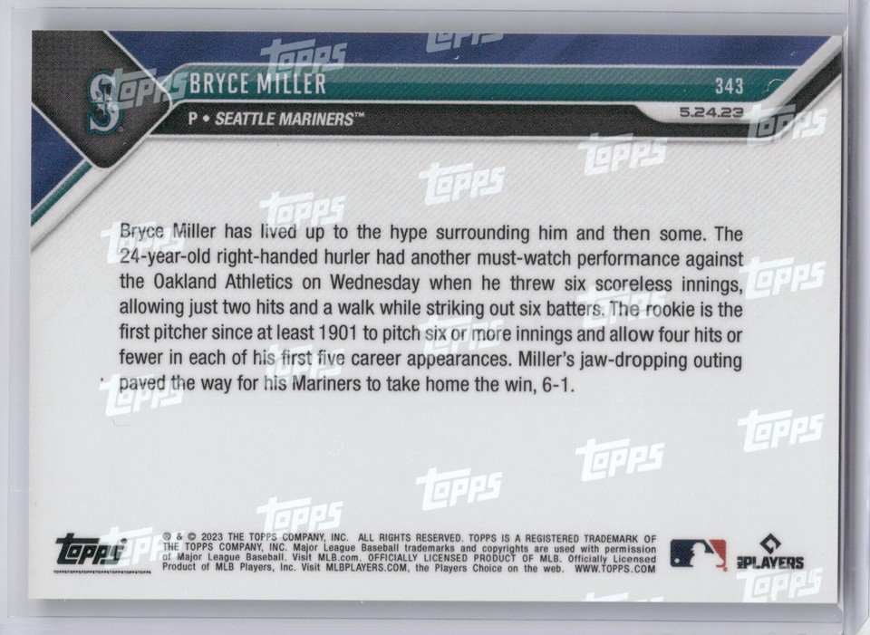 🟦 BRYCE MILLER Rookie Card 2023 Topps Now #343 BLUE 47/49 Mariners RC 📈 ...