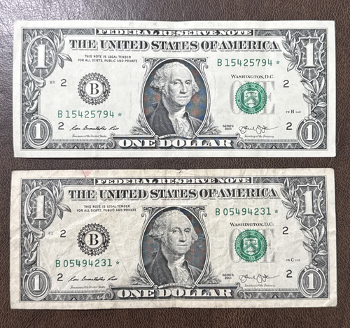 Lot of 2 Duplicate Serial Number STAR Note One Dollar $1 Bill Error ...