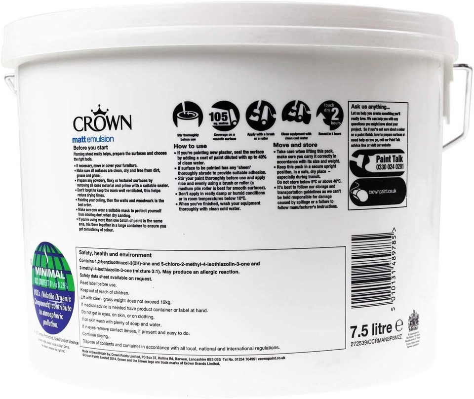 CROWN Matt Emulsion Paint 7.5L Pure Brilliant White 5010131489785 | eBay UK