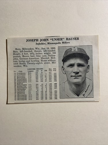 Joe Hauser & Ray Kolp Minneapolis Millers 1936 AA Minor League Baseball ...