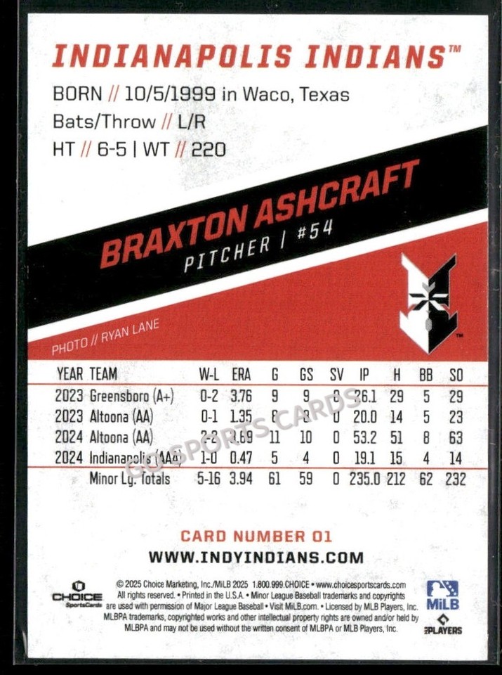 2025 Indianapolis Indians Braxton Ashcraft RC Rookie Pirates Minor ...