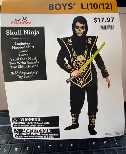 Halloween Costume Skull Ninja NWT boys L 10/12 mask tunic pants hooded ...