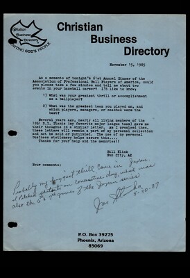 FAN LETTER RESPONSE- JOE STANKA RE: GREATEST THRILLI BAS CERTIFIED | eBay