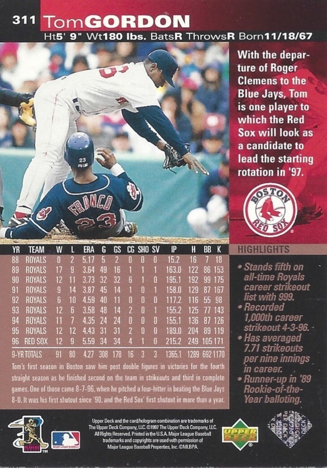 1997 Upper Deck Tom Gordon 311 Red Sox | eBay