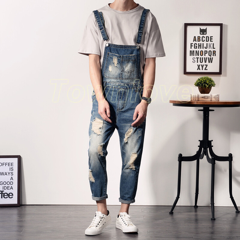 Men Slim Ripped Hole Casual Denim Overalls Jumpsuit Jeans Cowboy Pants ...