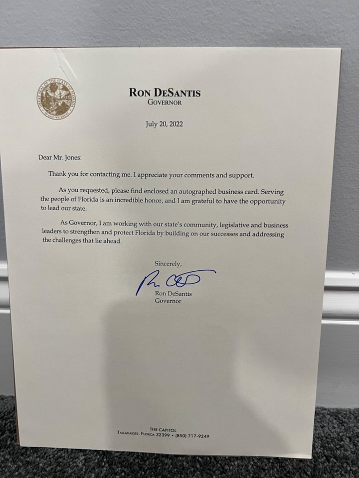 Ron Desantis signed (autopen) business card and letter President ...
