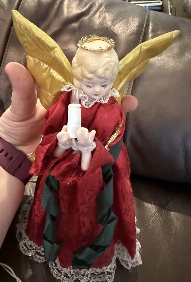 VTG 9” Lighted Angel Christmas Tree Topper Red Dress Gold Wings Lace ...