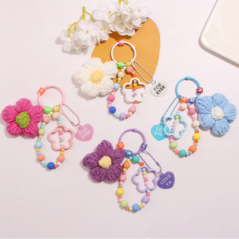 Cartoon Wool Knitted Flowers Key Chains Beaded Wristlet Lanyard ...