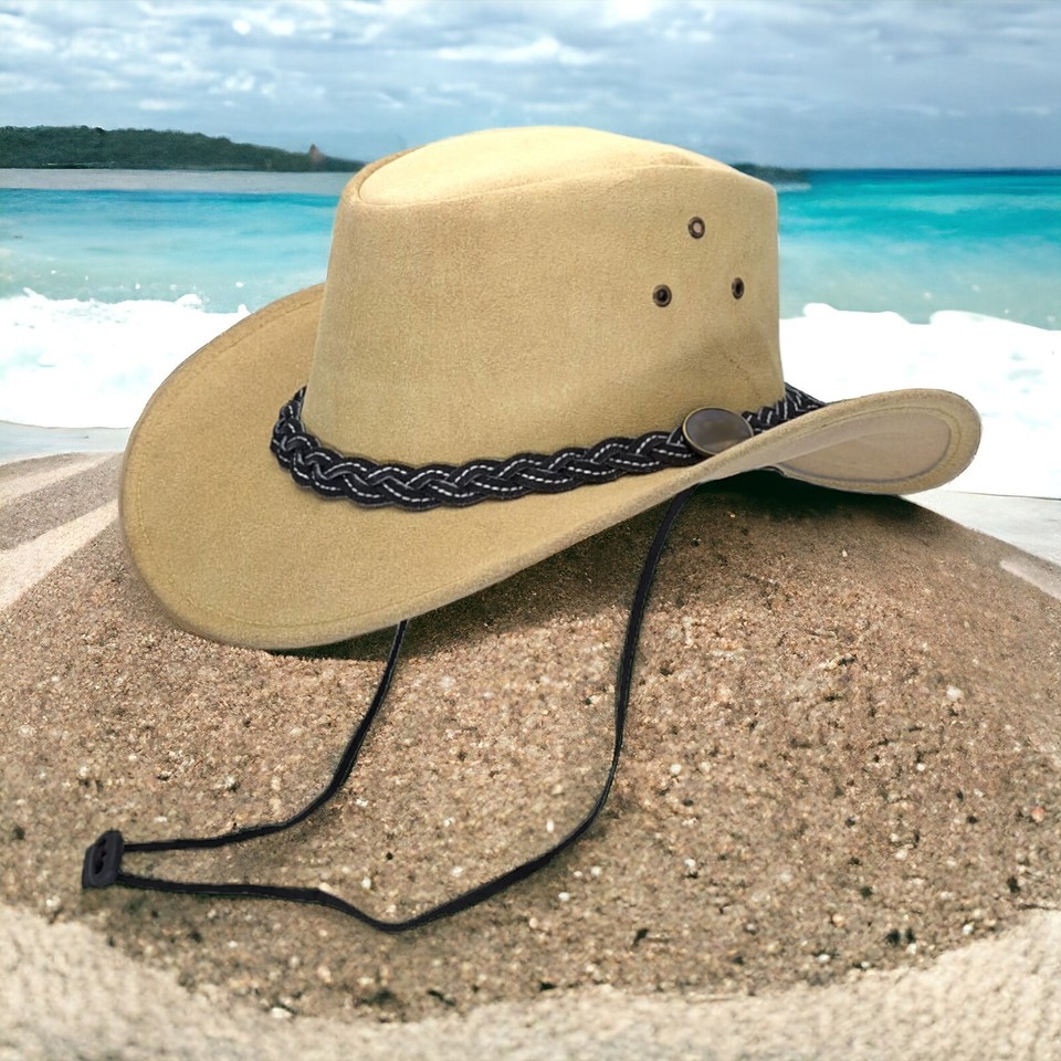 Beige Australian Western Style Real Leather Cowboy Bush Hat Braided ...