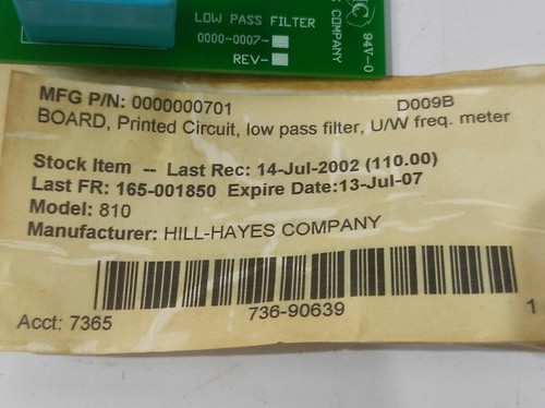 Hill Hayes Company HHC 0000-0007-01 Rev B Low Pass Filter PCB ...