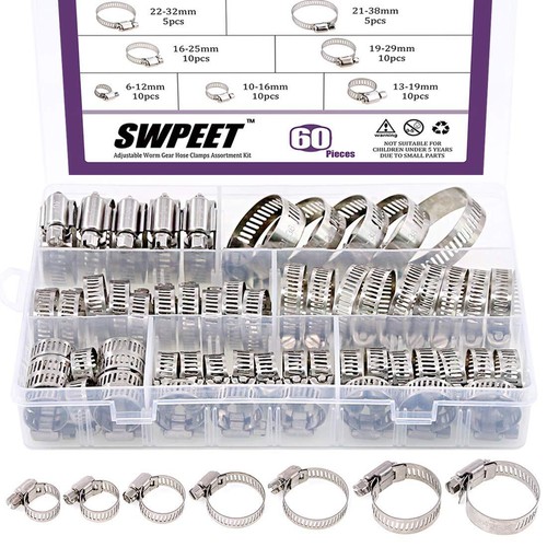 60Pcs Assorted Sizes Hose Clamps Kit 304 Stainless Steel Adjustable 6 ...
