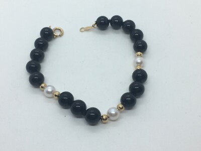 14K gold beautiful long 9mm onyx bead & gold and pearl bead strand ...