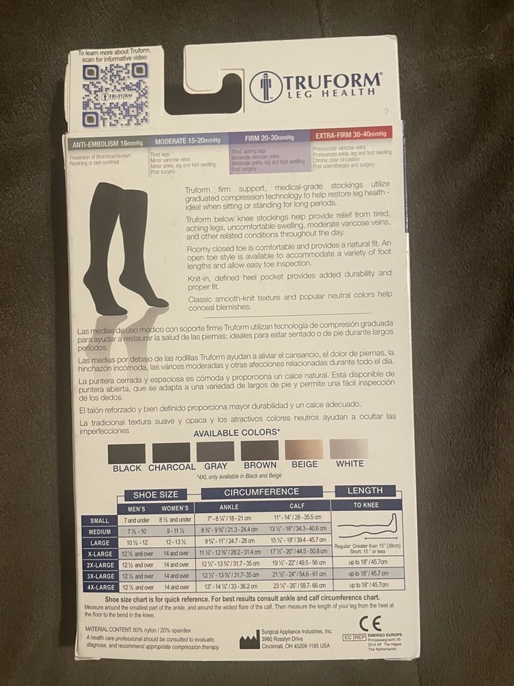 Truform Compression Stockings 20-30 Black XL X-Large Firm Below Knee ...