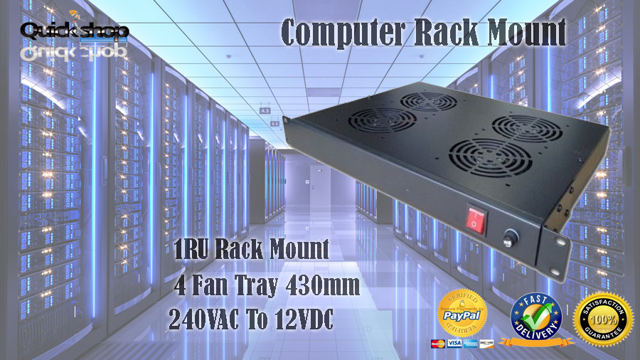 1RU 19" Rack Mount 4 x Cooling Fan Tray 430mm 240V 12VDC PWR Pack On ...
