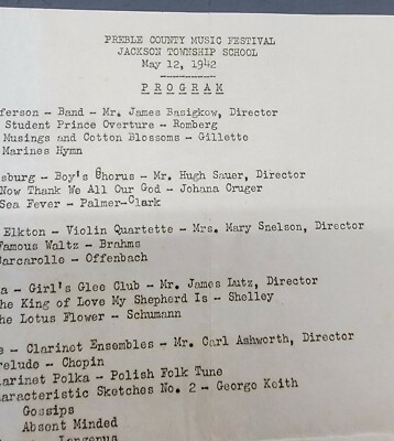 1942 PREBLE COUNTY OHIO MUSIC FESTIVAL PROGRAM JACKSON TOWNSHIP SCHOOL ...