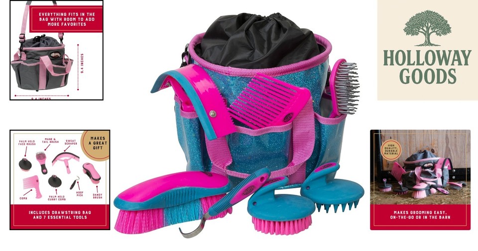 Portable 7-Piece Horse Grooming Kit with Six Pockets - Ideal for ...