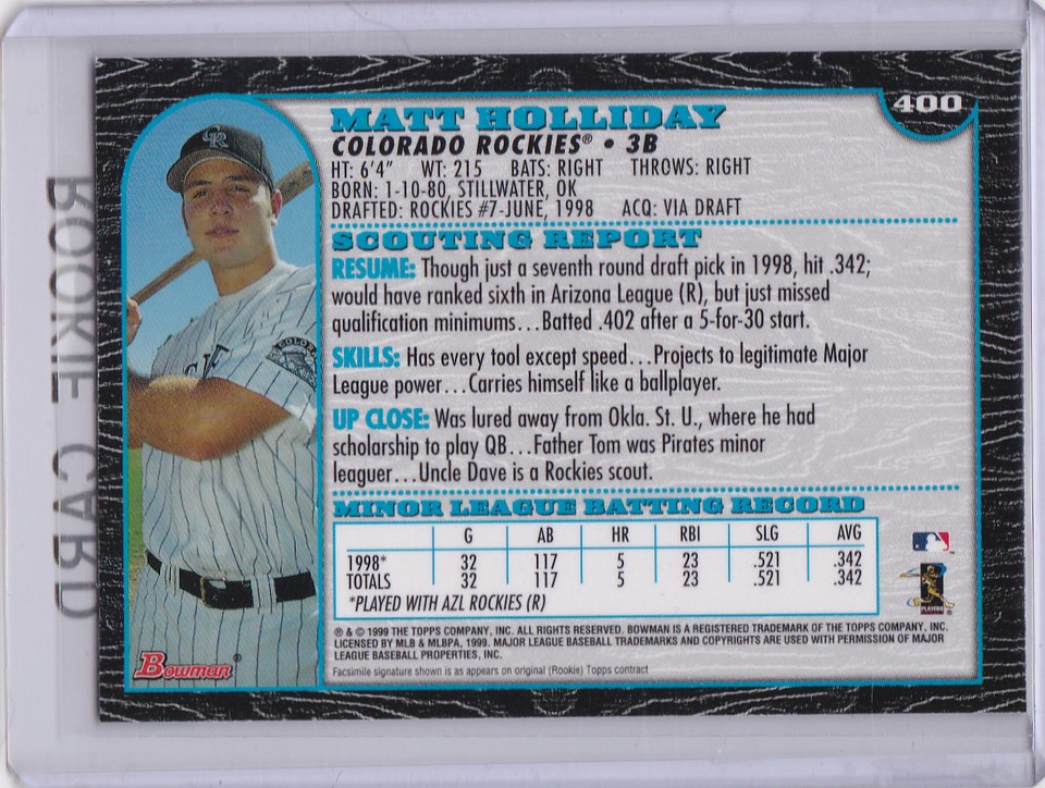 Matt Holiday 1999 ROOKIE CARD Bowman RC Baseball Holliday NEW YORK ...