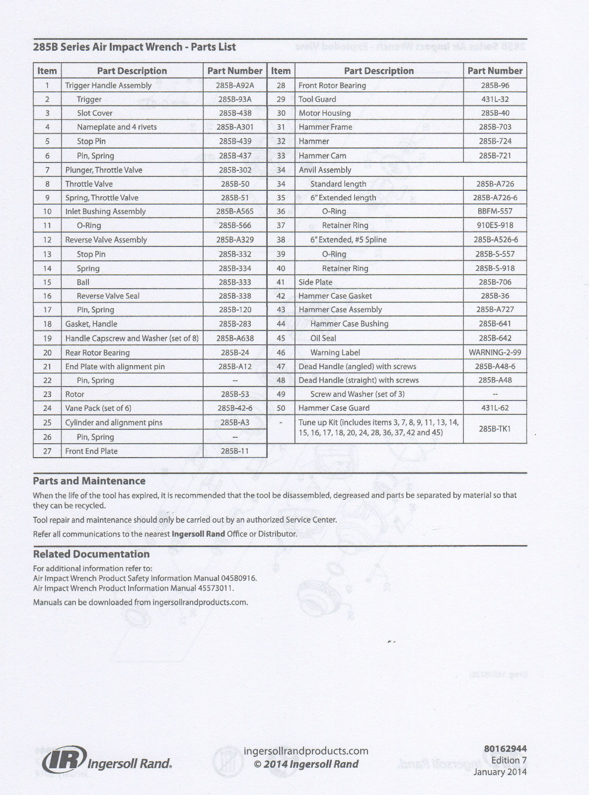 285B TK1 INGERSOLL RAND 285B & 285B-6 TUNE UP KIT 1" DRIVE (2) THROTTLE ...