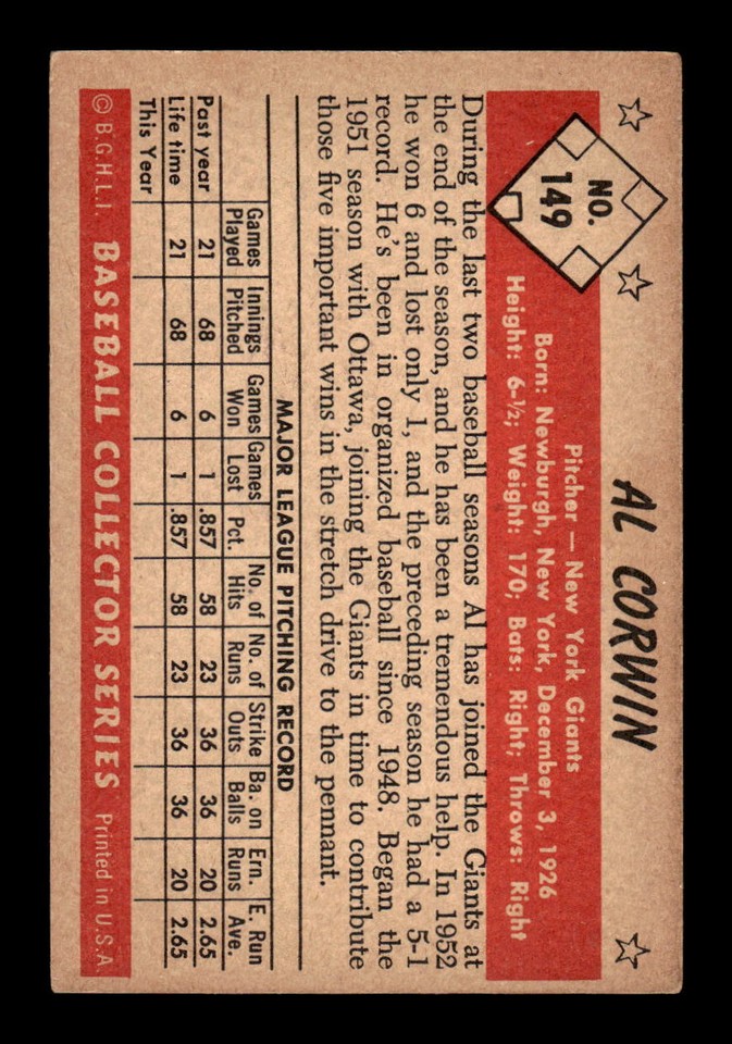 1953 Bowman Color Baseball #149 Al Corwin New York Giants | eBay