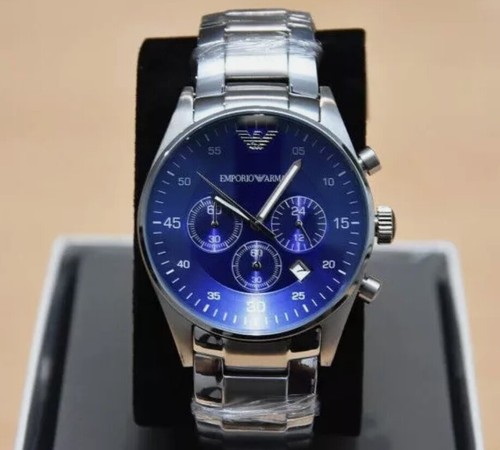 BRAND NEW Emporio Armani AR5860 Stainless Steel Blue Dial Chronograph ...
