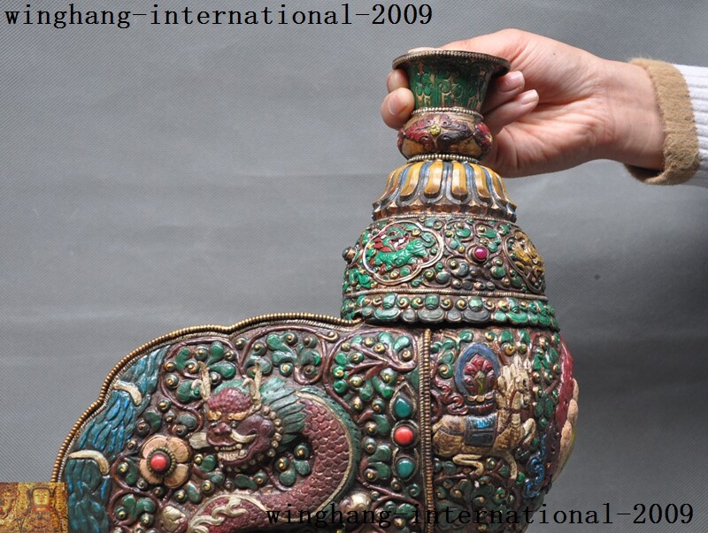 18"Conch Bronze Painted inlay gem Dragon horse Elephant Conch Trumpet ...
