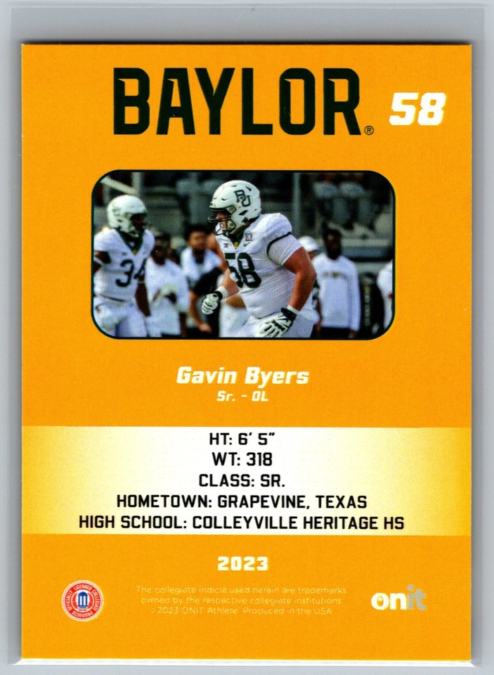 Gavin Byers 2023 ONIT Baylor University Bears #28 Football Card RC ...