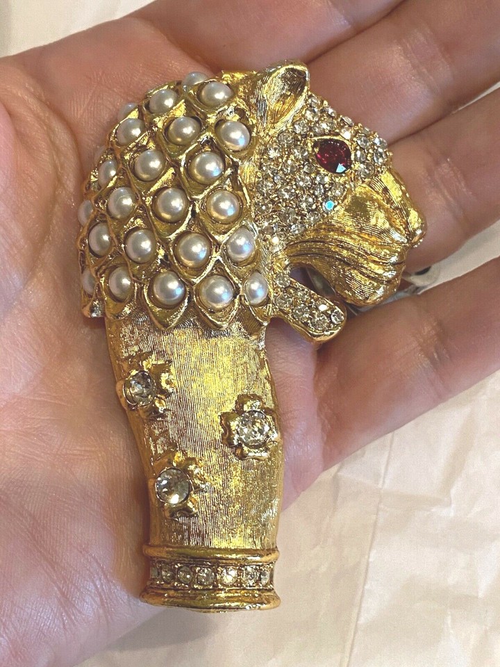 Vintage KJL Kenneth J Lane Pearl Gold Tone Lion Brooch Pin | eBay