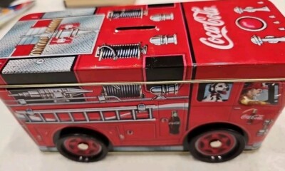 Coca Cola, Tin Fire Truck That Is A Bank with Wheels that Roll. **Good ...