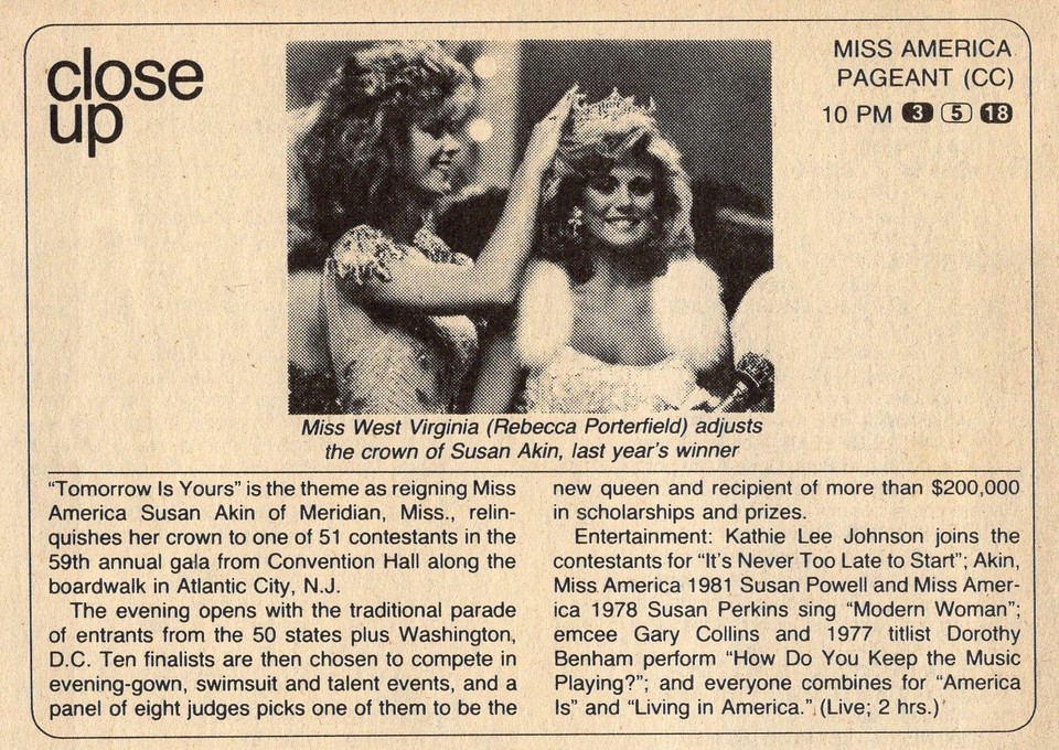 1986 TV AD'S MISS AMERICA BEAUTY PAGEANT MISS MISSISSIPPI WINNER SUSAN ...