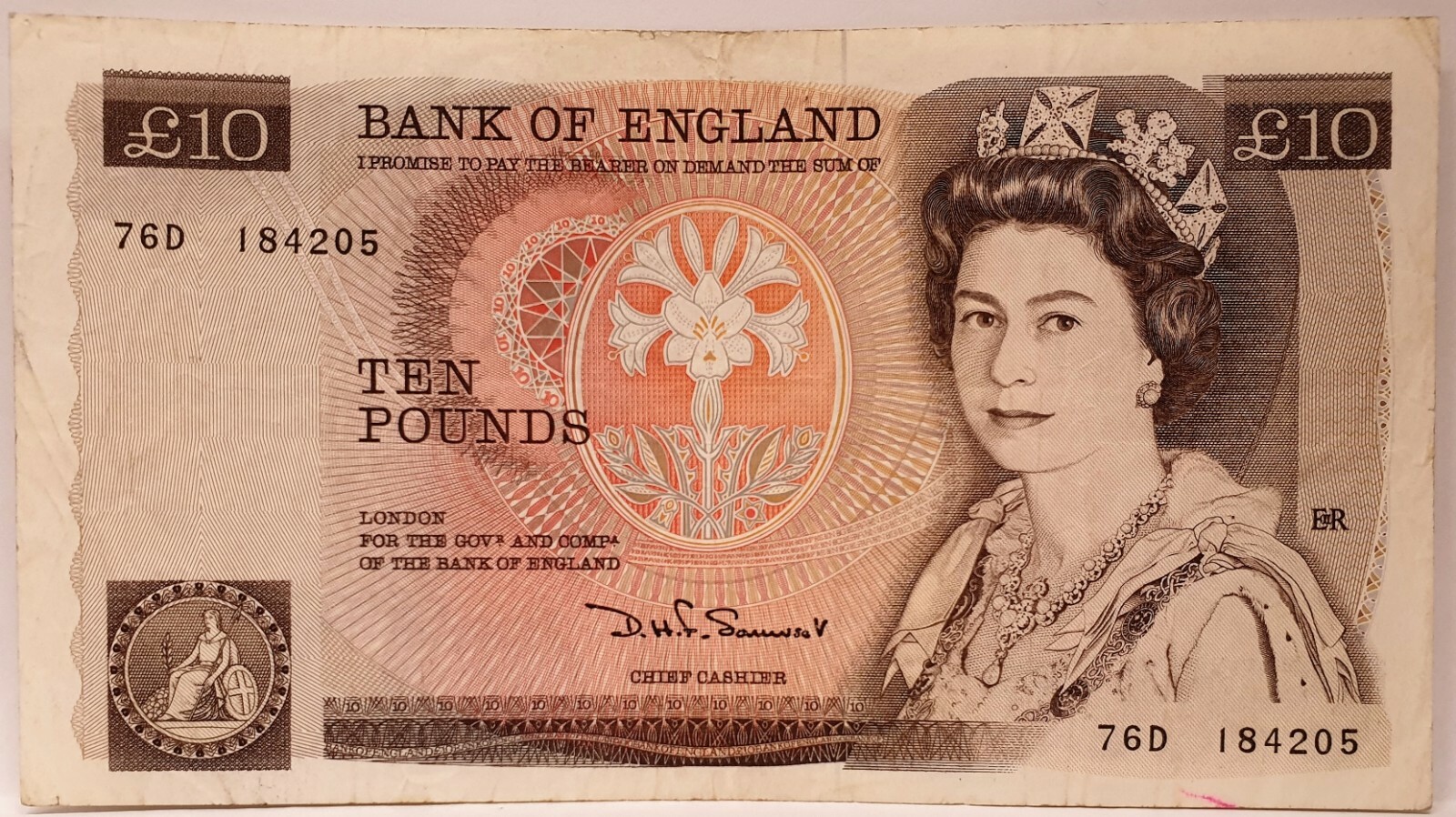 GREAT BRITAIN 1979 .10 POUNDS .COLLECTOR'S MISPRINT NOTE .LARGE WET INK ...