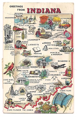 Greetings MAP of INDIANA HOOSIER STATE Symbols Cities Indiana Postcard ...