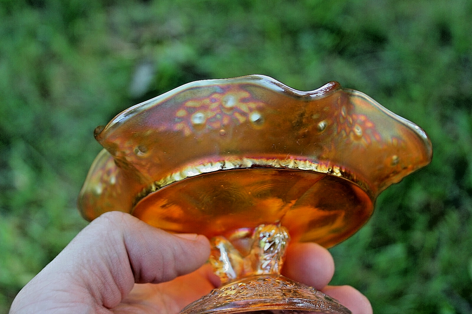 ANTIQUE FENTON ORANGE TREE CARNIVAL GLASS COMPOTE - MARIGOLD | eBay