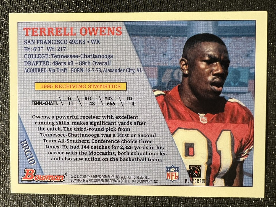 2001 Bowman TERRELL OWENS Rookie Reprint Card #BRC10 SAN FRANCISCO 49 ...