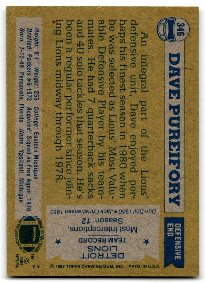 1982 Topps Dave Pureifory Detroit Lions #346 | eBay